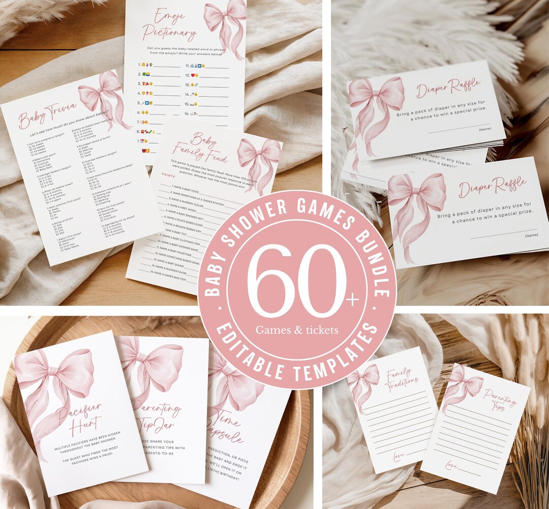Pink Bow Girl Baby Shower Games Bundle: Blush Baby Shower Games ...