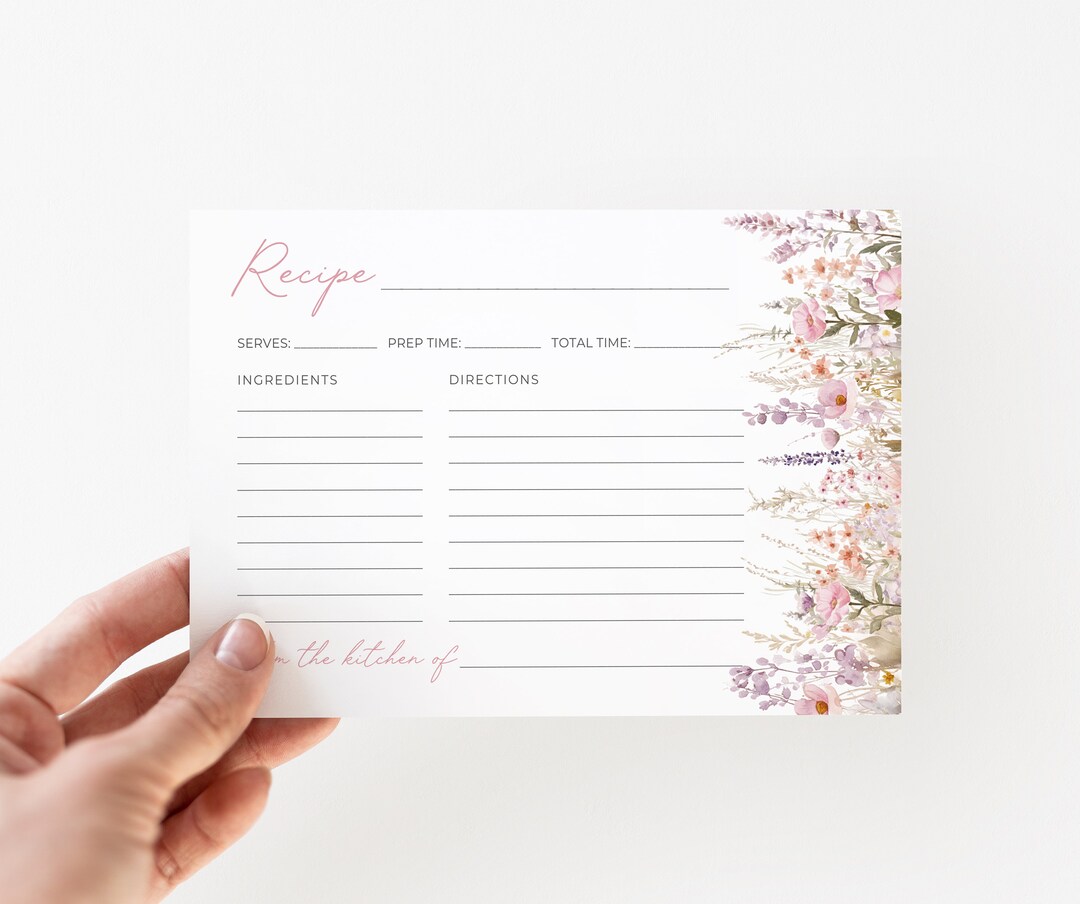 Wildflower Recipe Card Template, Printable Recipe Card, Pink Floral ...