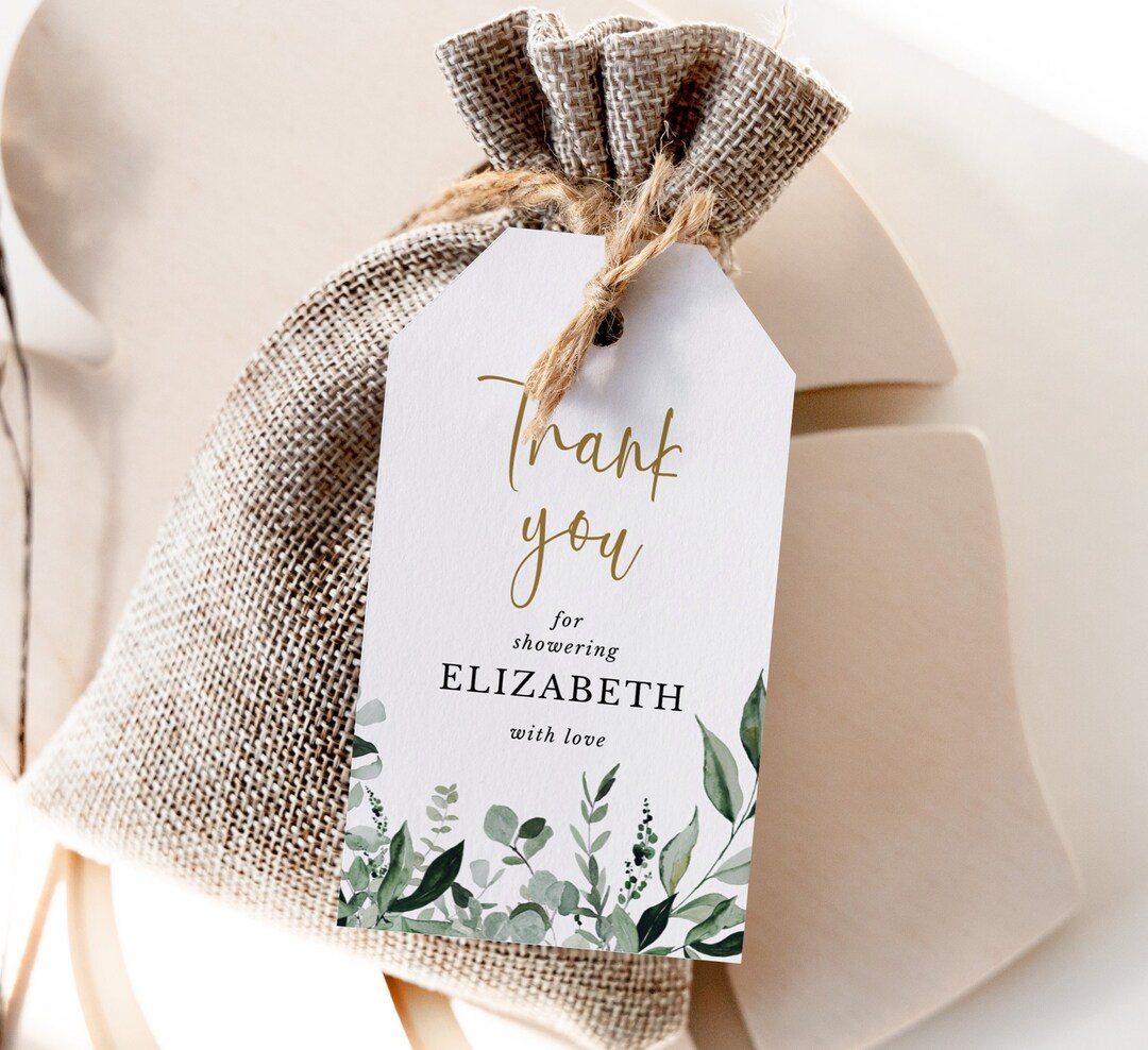 Thank You Tag Template, Greenery Baby Shower Favor Tag, Gold Greenery ...