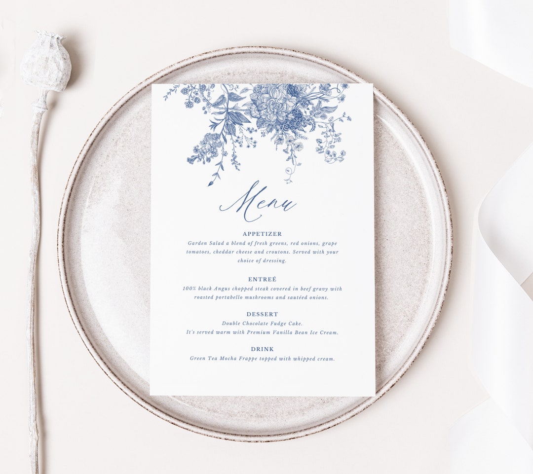 Dusty Blue Menu Template, Vintage Floral Wedding Menu, Printable ...