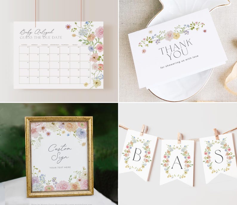 Spring Floral Baby Shower Invitation Bundle: Editable Garden Decor ...