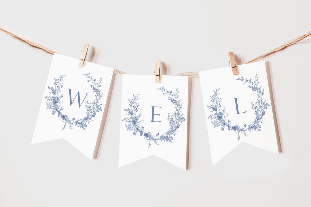 Dusty Blue Editable Bunting, Vintage Floral DIY Banner Template, Wreath ...
