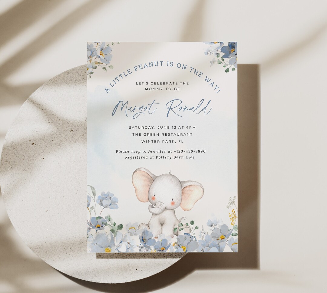 Elephant Baby Shower Invitation, Blue Elephant Invite, Boy Floral ...