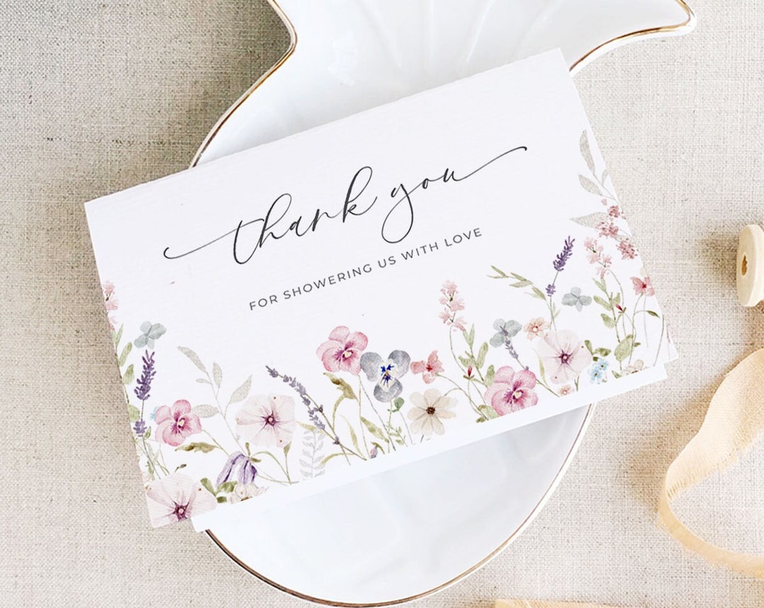 Wildflower Thank You Card Template, Shower Folded Thank You Note ...