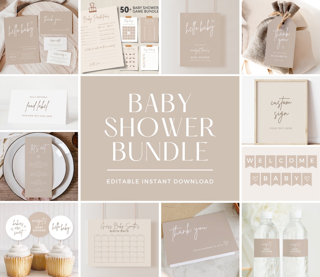 Minimalist Baby Shower Invitation Bundle, Beige Minimal Baby Shower ...