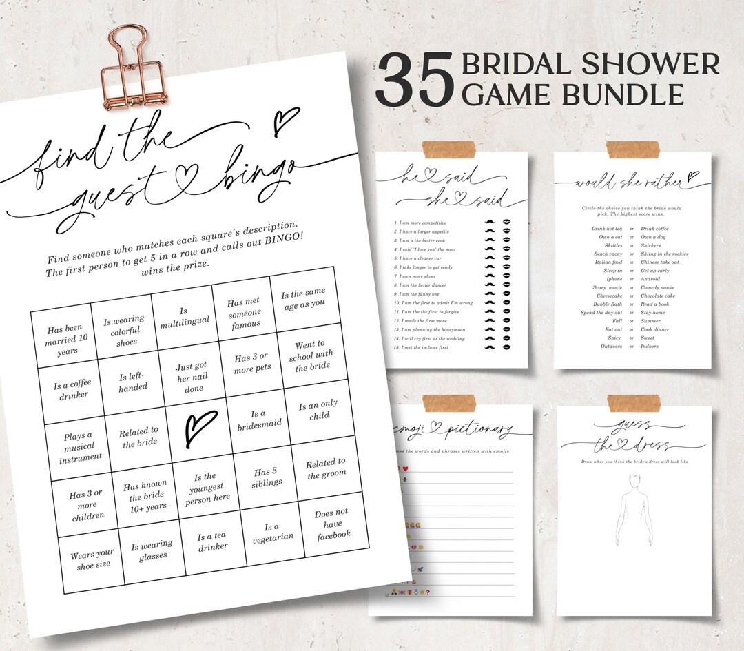 Bridal Shower Games Bundle, Minimalist Bridal Shower Games, Heart ...