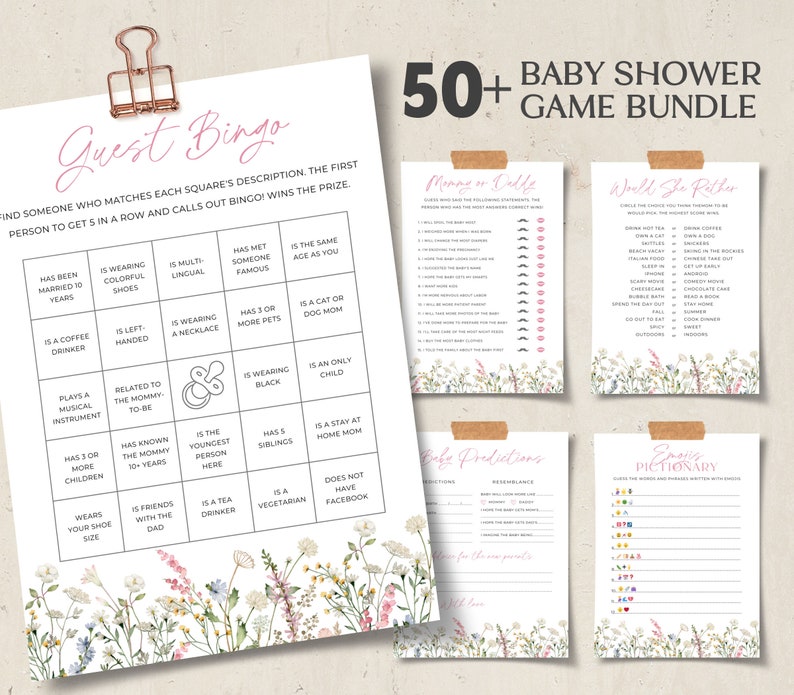 Wildflower Baby Shower Games Bundle, Spring Pink Flowers Party Games ...