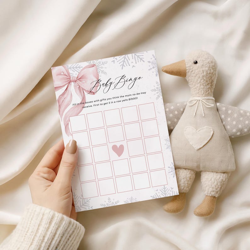 Pink Bow Winter Baby Shower Bingo Game: Snowflakes Baby Bingo ...