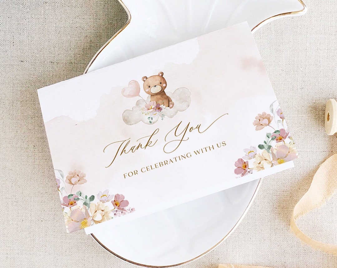 Bear Thank You Card Template, Pink Bear Florals Thank You, Baby Shower ...