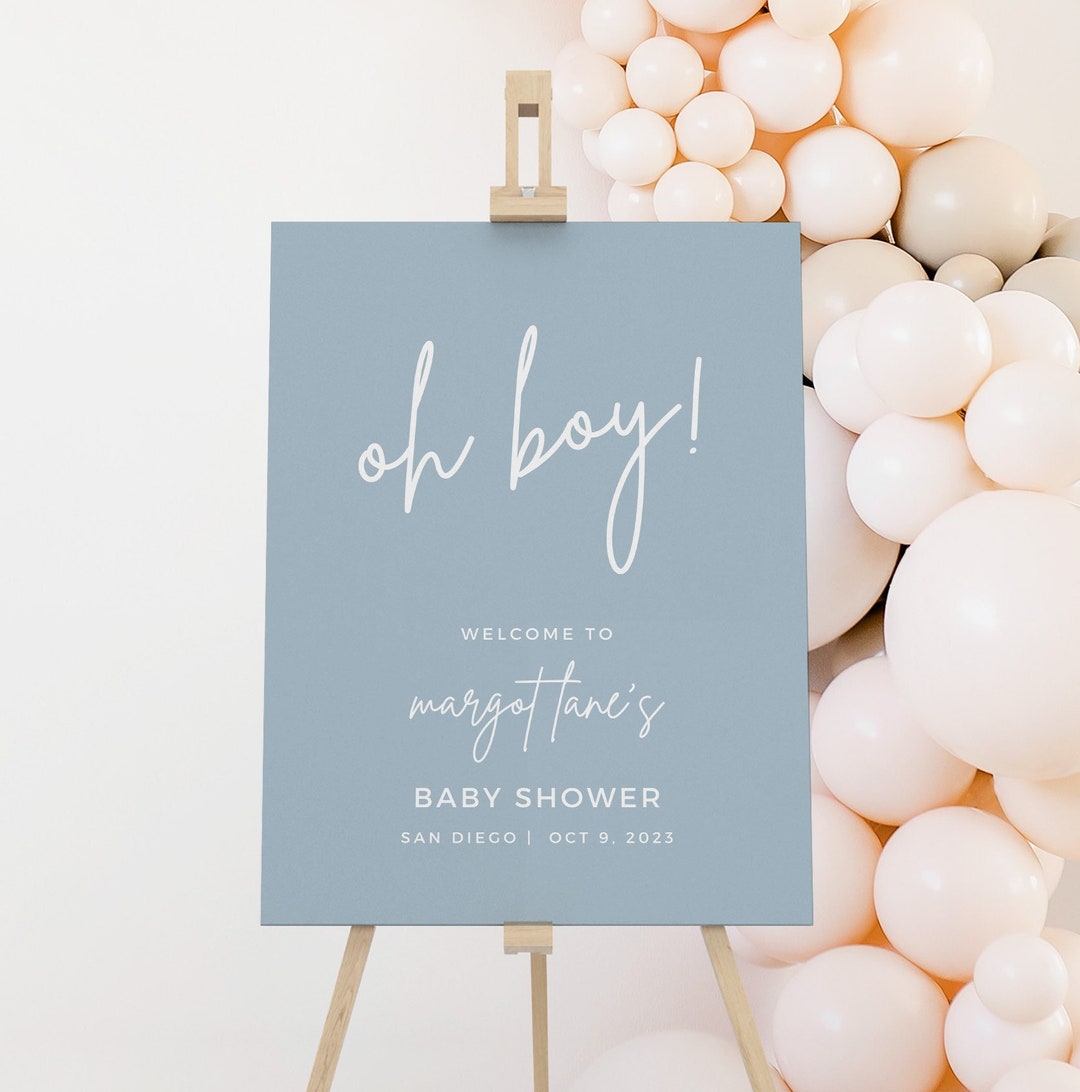 Oh Boy Baby Shower Welcome Sign, Dusty Blue Minimalist Baby Shower Sign ...