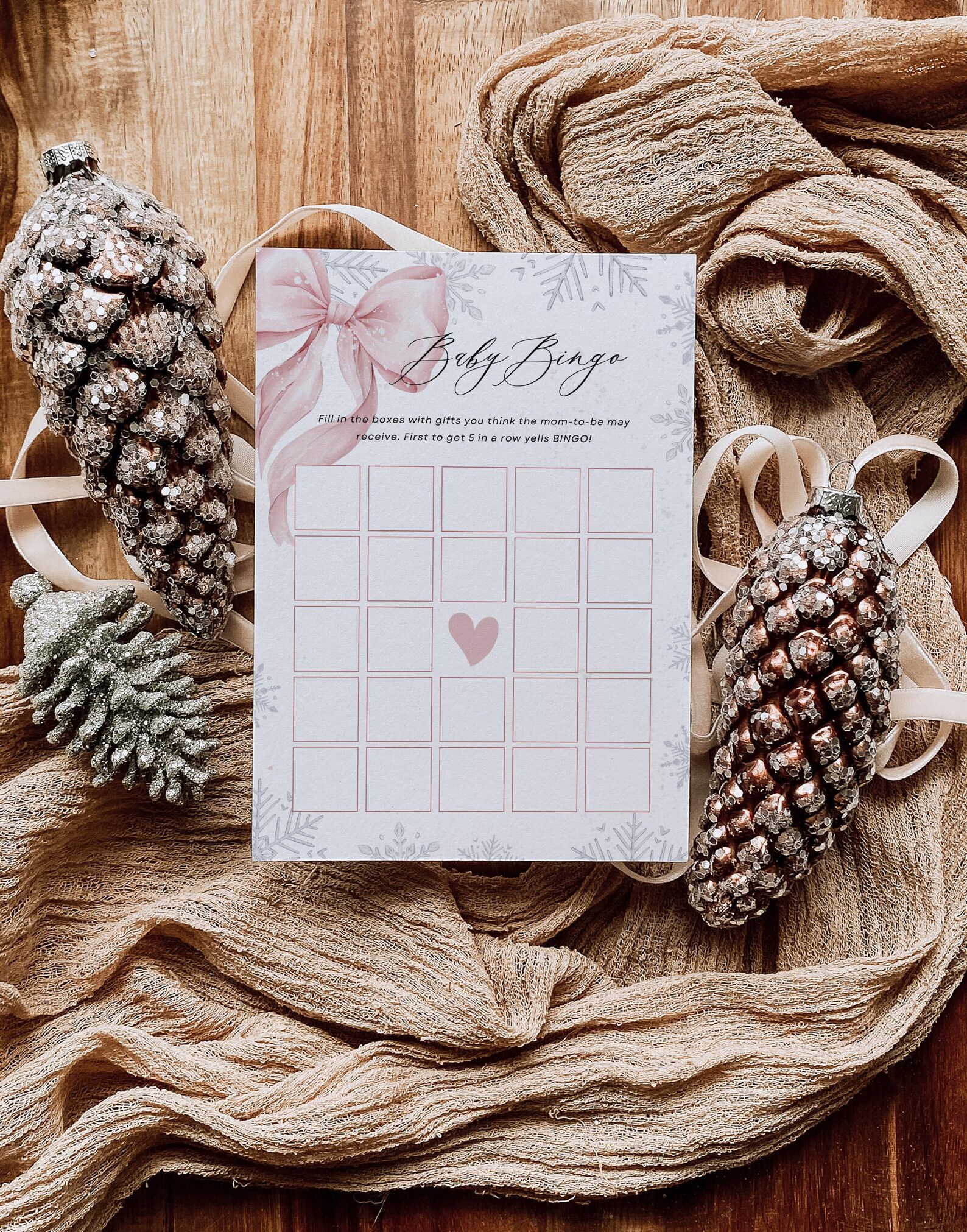 Pink Bow Winter Baby Shower Bingo Game: Snowflakes Baby Bingo ...