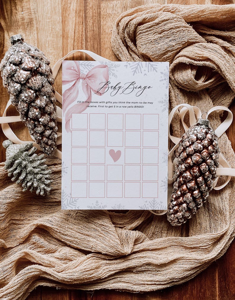 Pink Bow Winter Baby Shower Bingo Game: Snowflakes Baby Bingo ...
