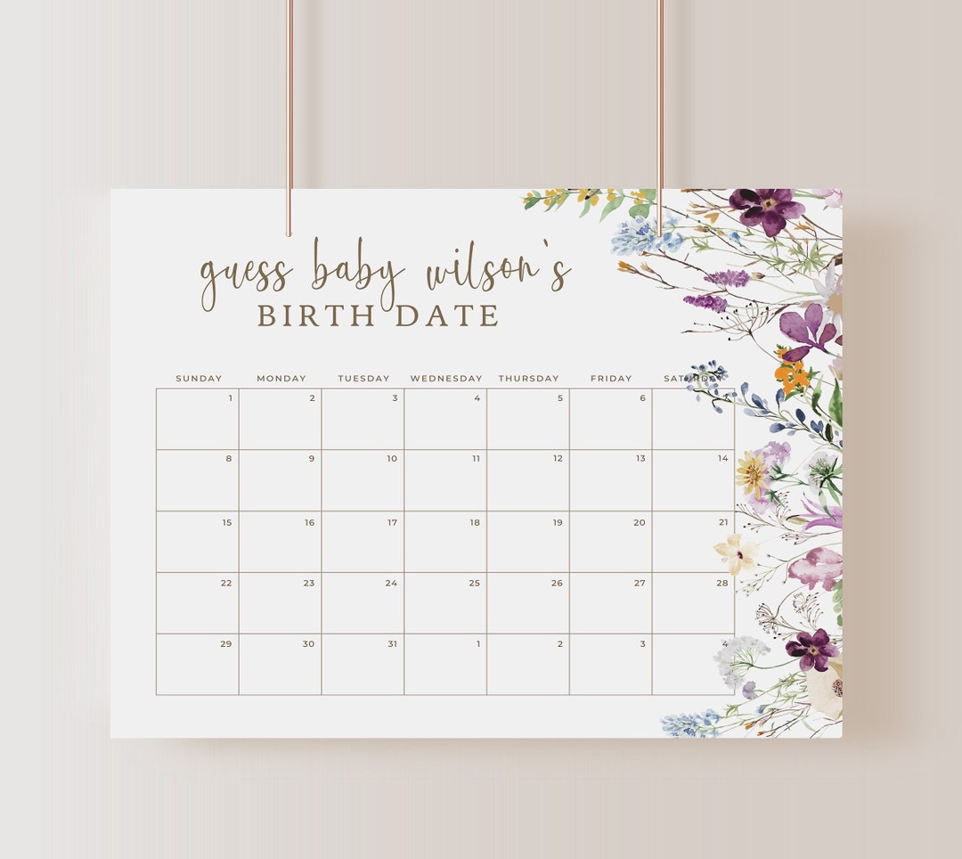 Guess Baby Due Date Calendar Sign, Wildflower Guess Birthday Baby ...