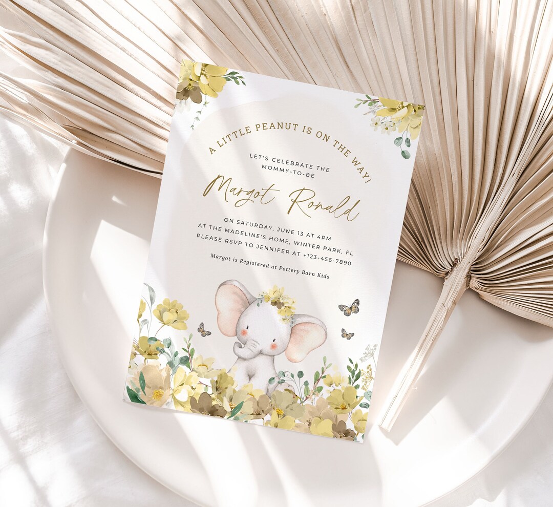Elephant Baby Shower Invitation, Yellow Elephant Invitation, Floral ...