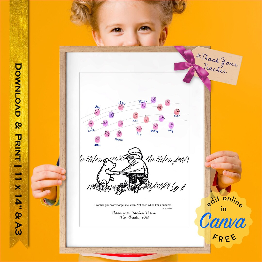Winnie the Pooh Fingerprint Art, Canva Template, Thumbprint Art ...
