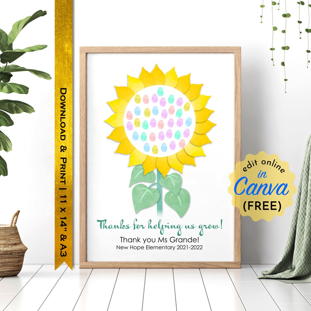 Sunflower Fingerprint Art: Teacher Appreciation Gift (8x10, 11x14 ...