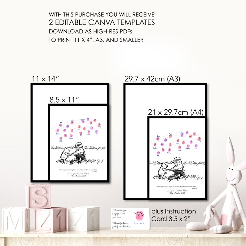 Winnie the Pooh Fingerprint Art, Canva Template, Thumbprint Art ...
