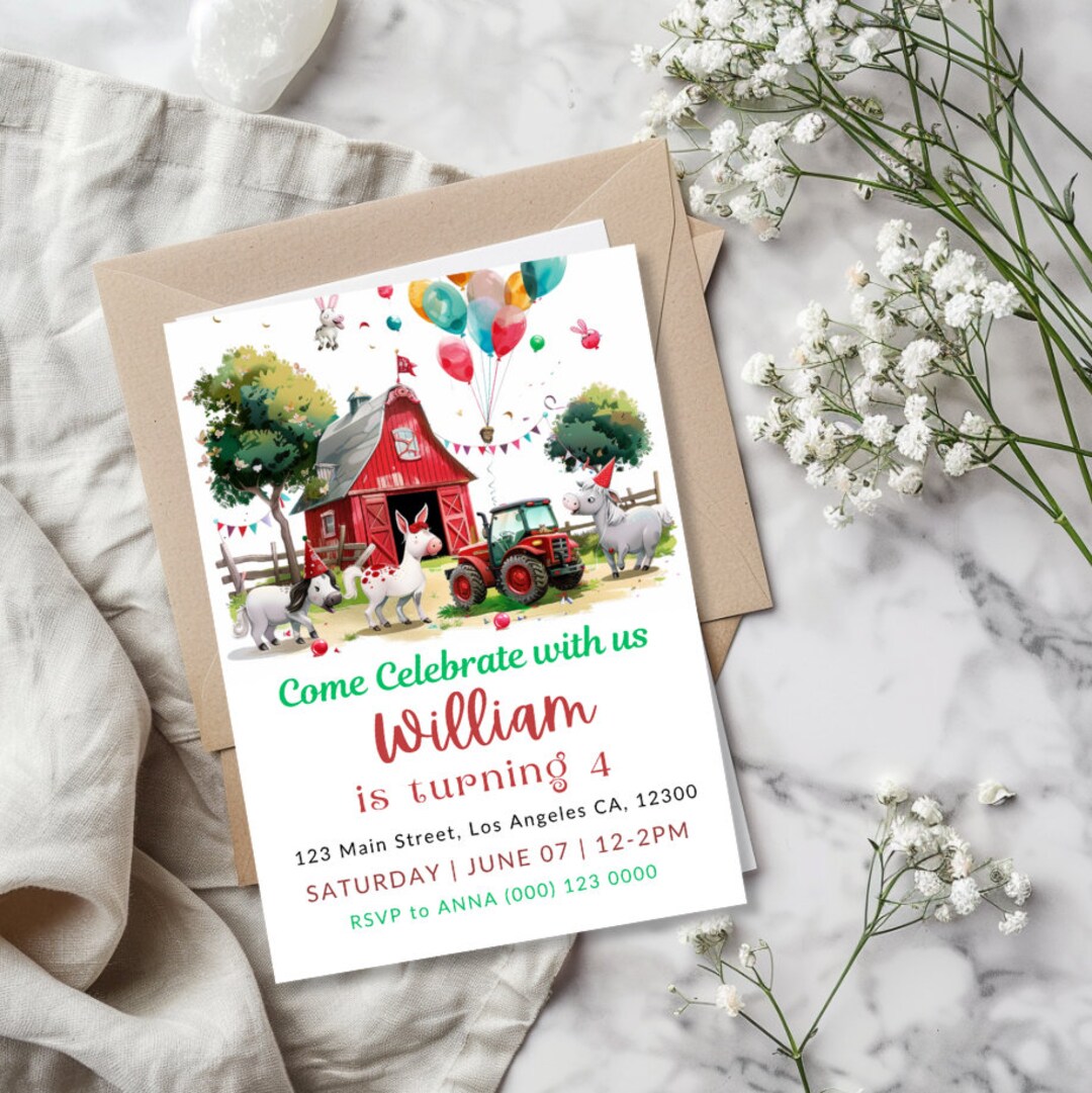 Editable Barn Animal Birthday Invitation Party Animal Invite Barn ...