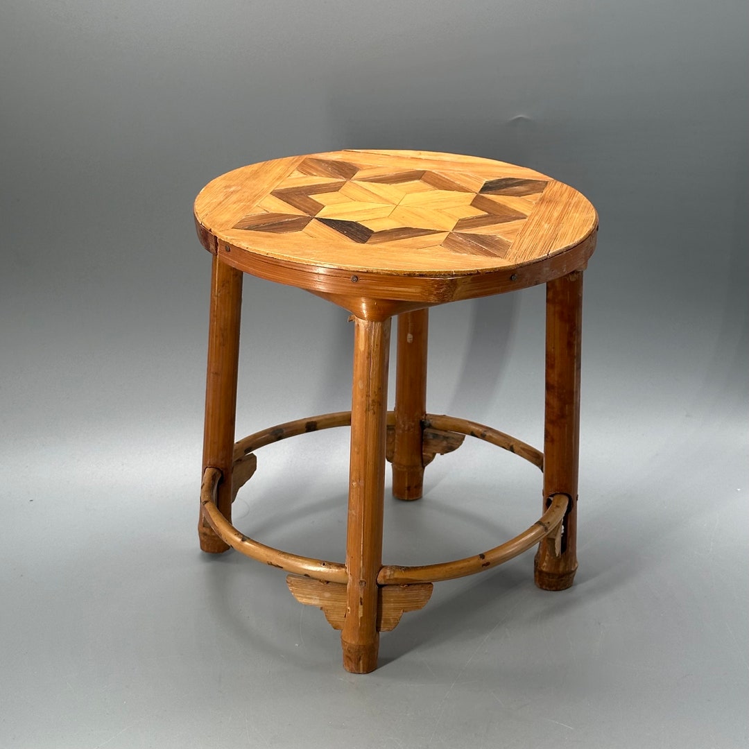 Vintage Boho Mid Century Wood Inlay Bamboo Footed - Etsy