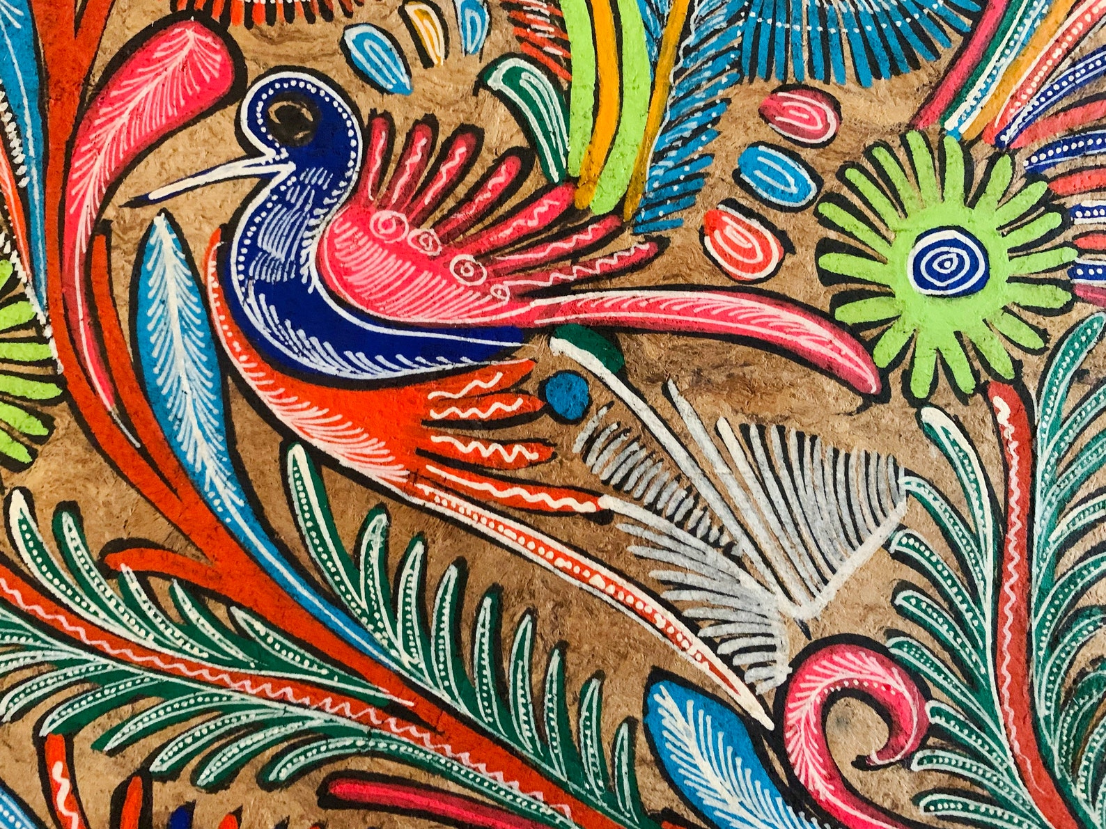 Mexican Bark Painting Folk Art Mounted on Wood Colourful Flowers Bird ...