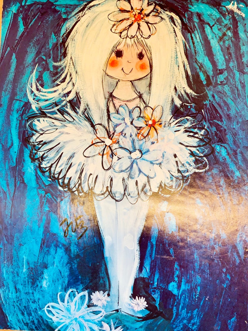 Vintage Big Eye Girl 60s Sentimental Art Girl Ballerina With Flowers ...