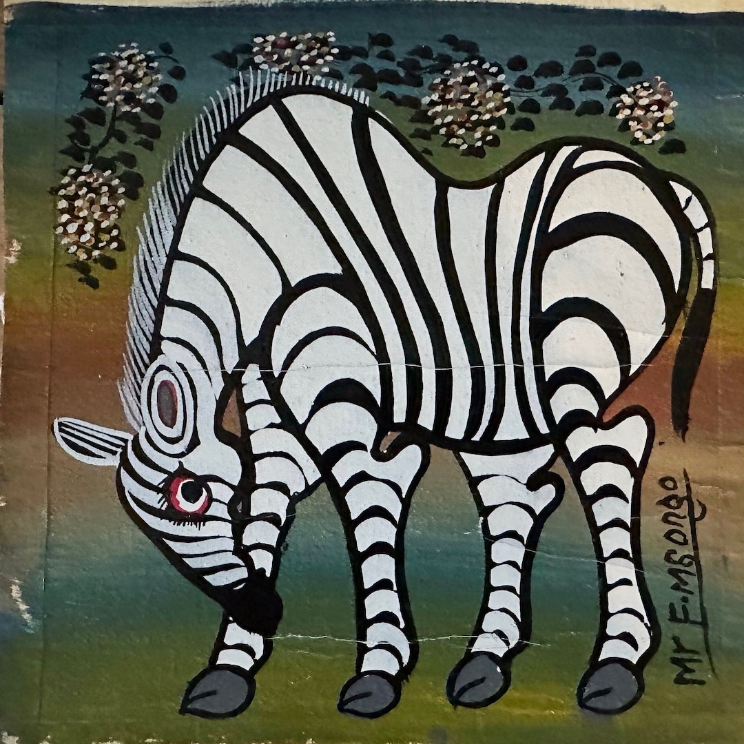 Vintage, African Art, Folk Art, Oil on Canvas, Zebra, Flowers, Signed ...