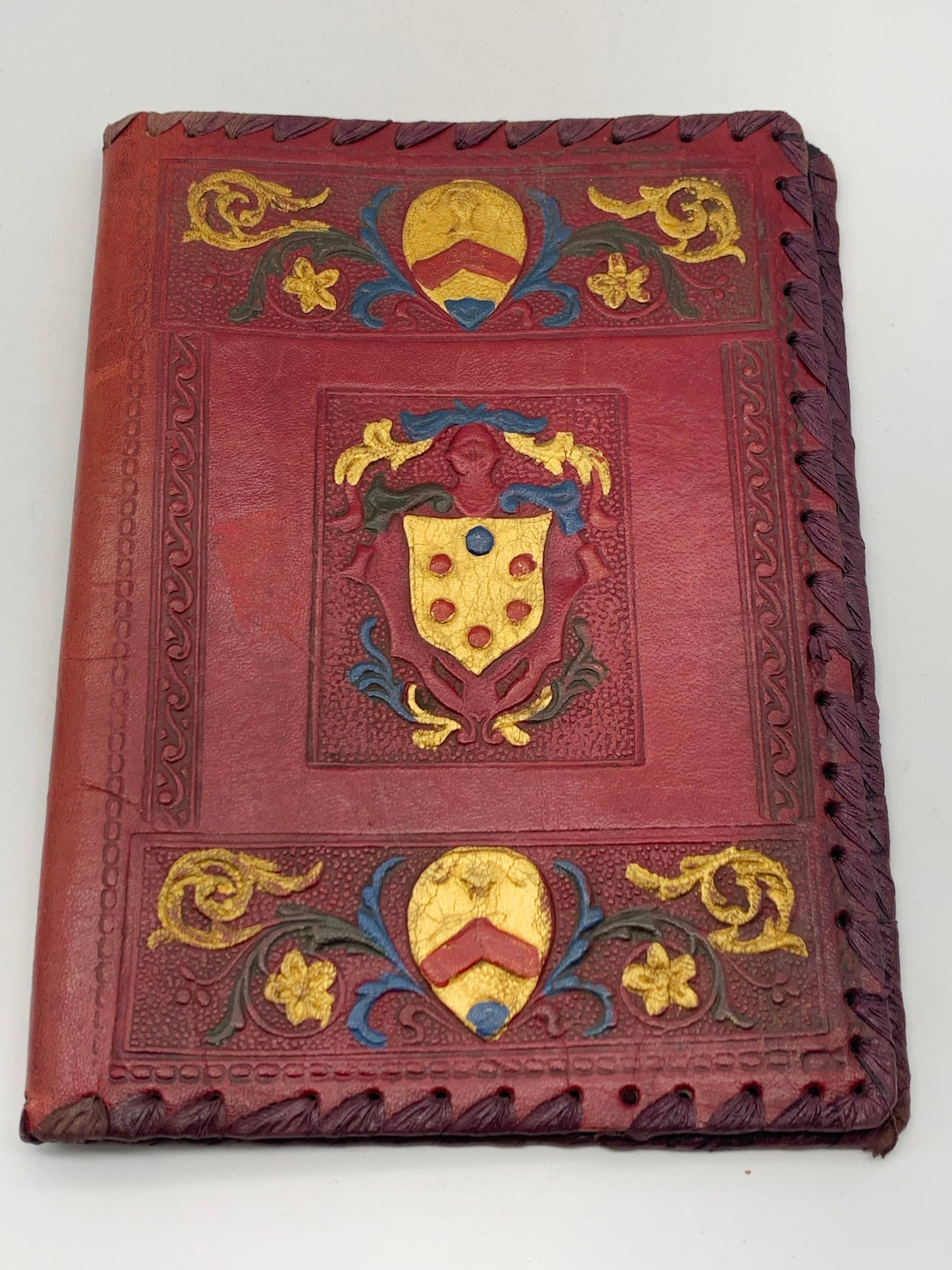 Vintage 70s Leather Embossed Book Notebook Journal Cover Dark Red Gold ...