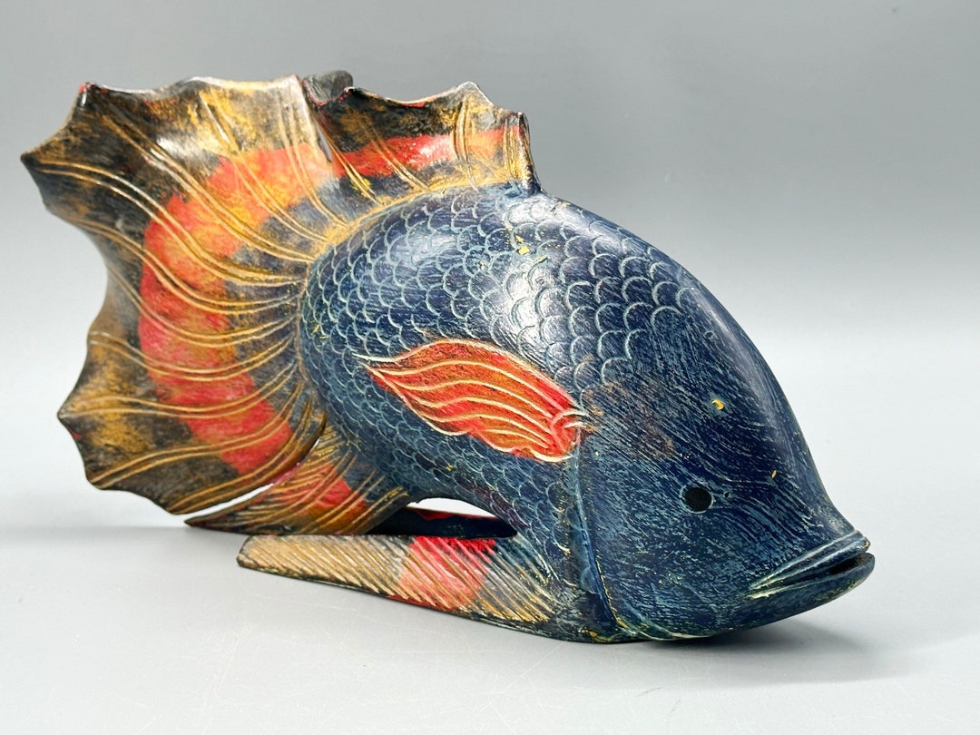 Vintage Wooden Carved Hand Painted Fish Blue Red Gold Tabletop Waving ...