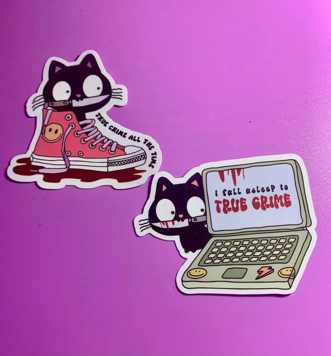 Cute Black Cat & True Crime Fan Sticker Set - 2 Pack, 3.3 Inches per ...