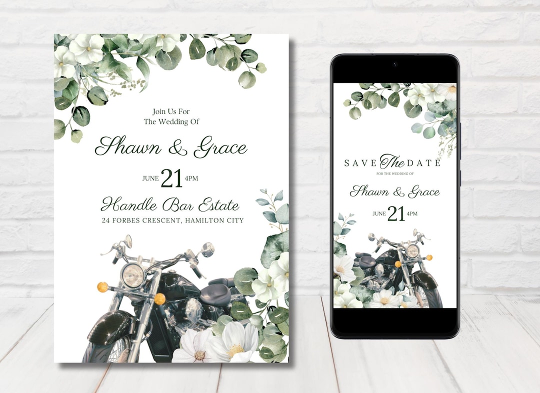 Printable Motorcycle Wedding Invitation, Floral Motorbike Wedding ...