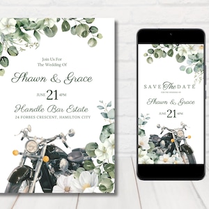 Printable Motorcycle Wedding Invitation, Floral Motorbike Wedding ...