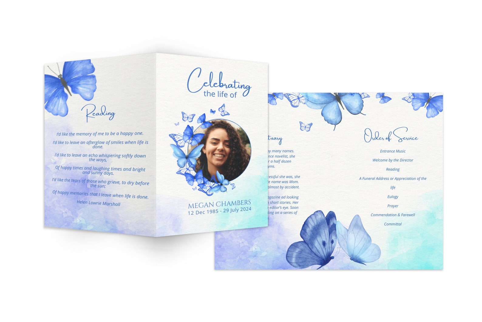 Editable Butterfly Funeral Program, Celebration of Life Order of ...
