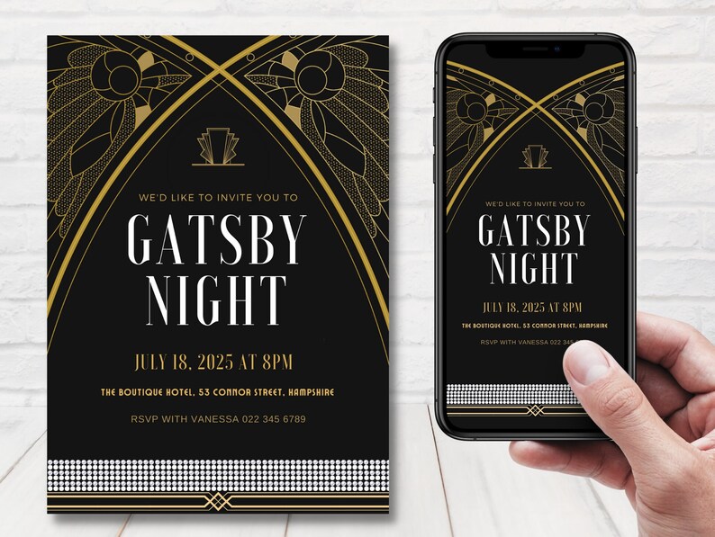 Printable Gatsby Invitation, Gold Black Art Deco Invite, Roaring 20s ...