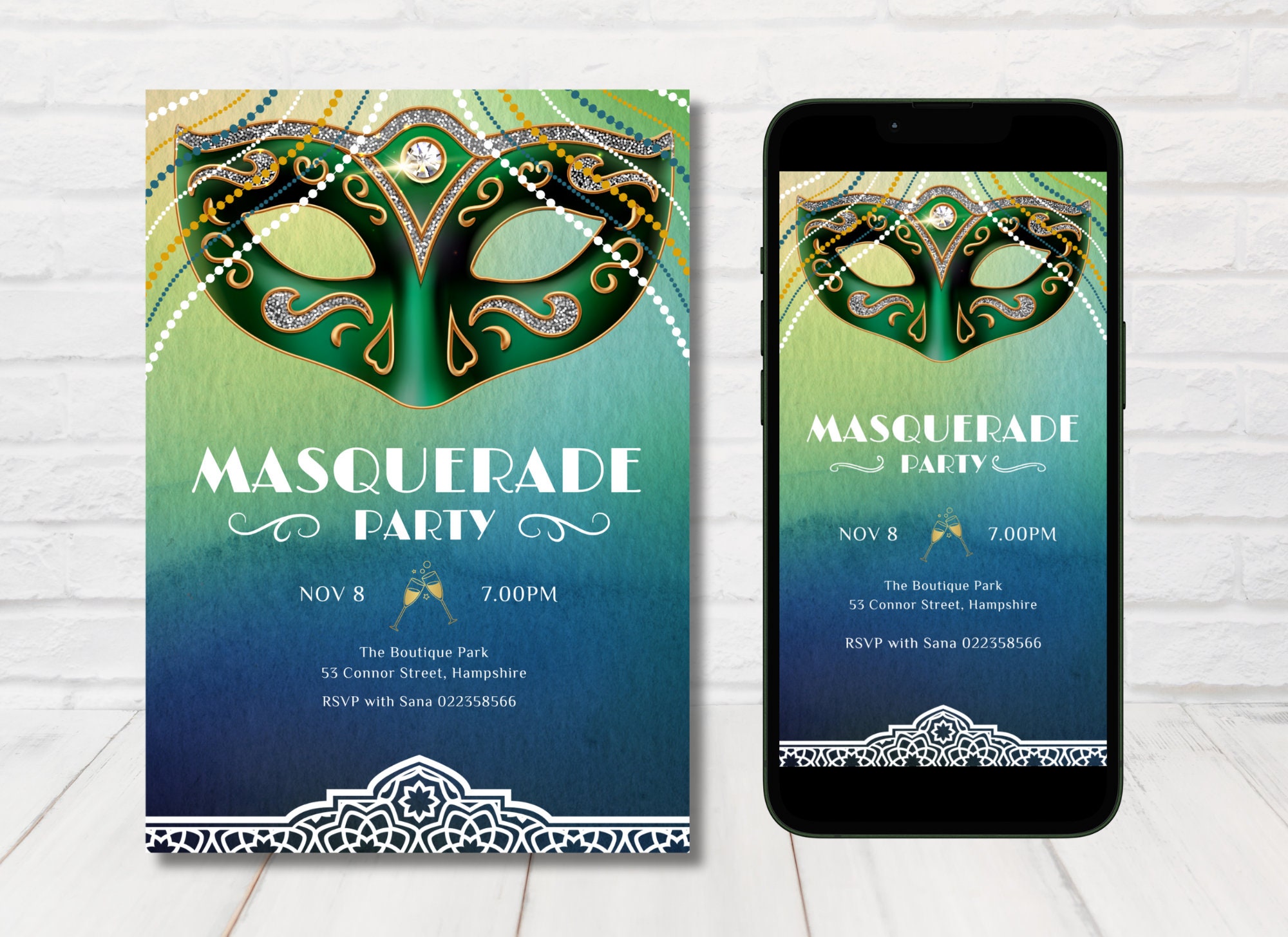 Green Masquerade Party Invite, Elegant Masquerade Ball Invitation ...