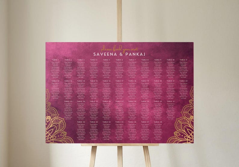Magenta & Gold Indian Wedding Seating Chart, Hindu Seating Plan ...
