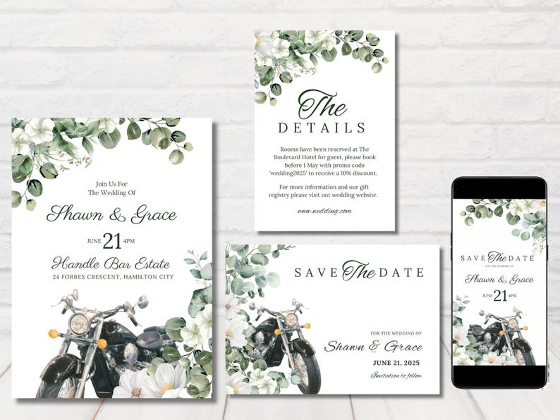 Printable Motorcycle Wedding Invitation, Floral Motorbike Wedding ...