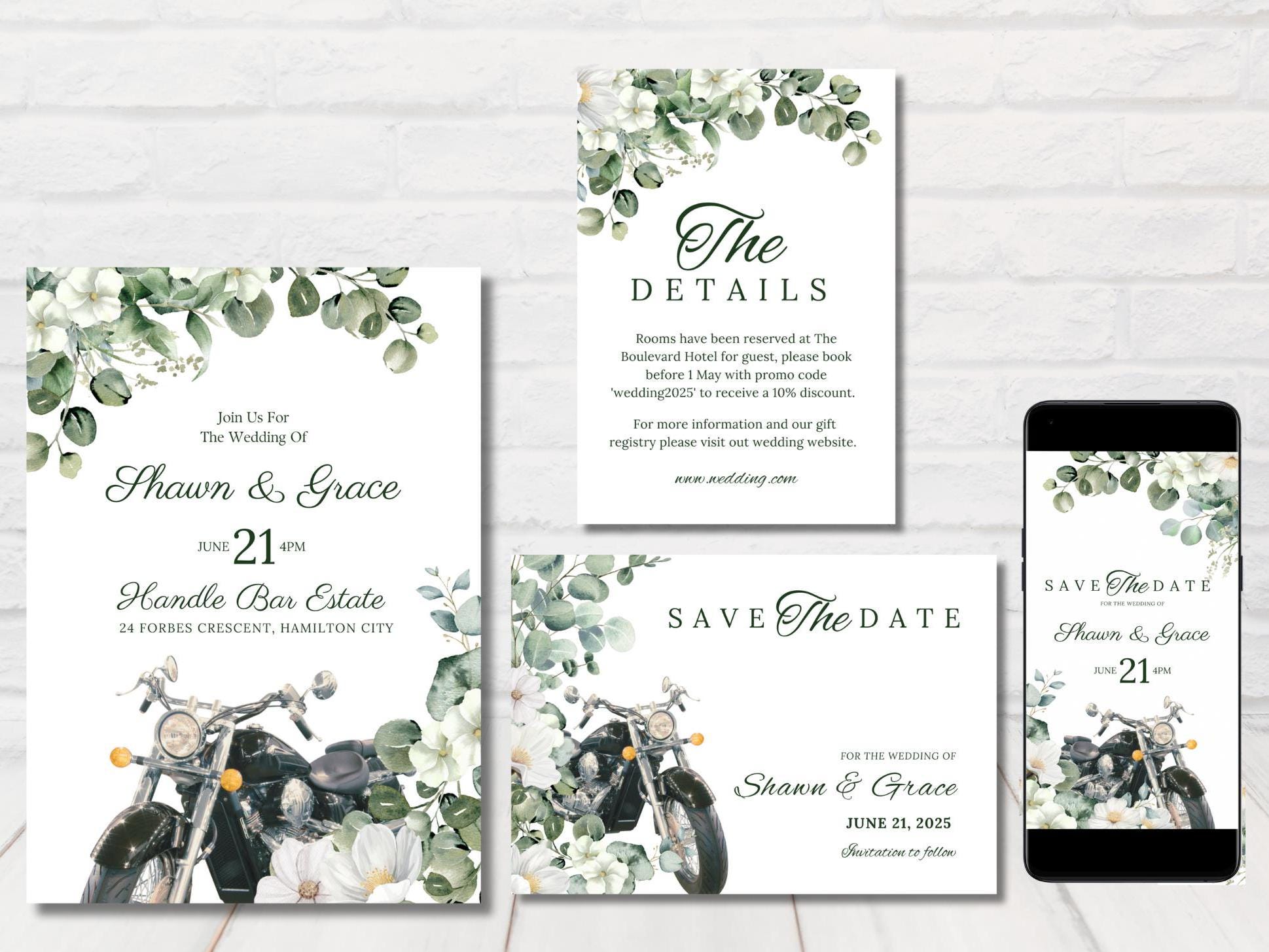 Printable Motorcycle Wedding Invitation, Floral Motorbike Wedding ...