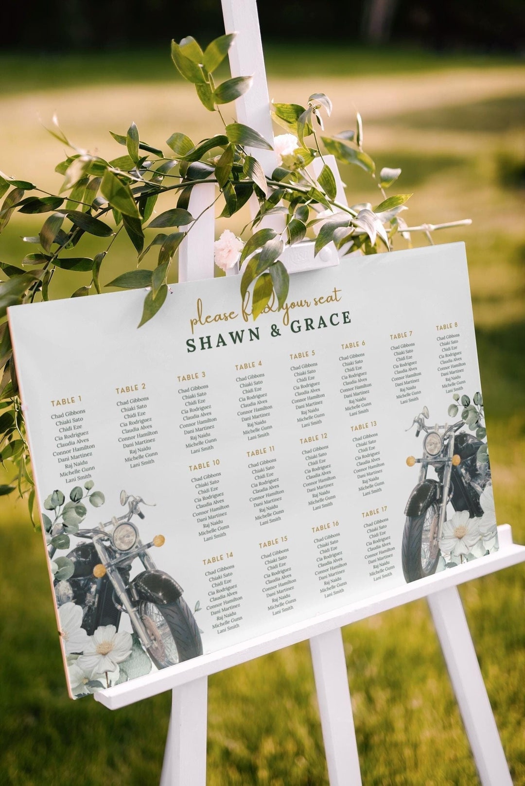 Motorbike Wedding Seating Chart, Rustic Motorcycle Seating Plan Wedding ...