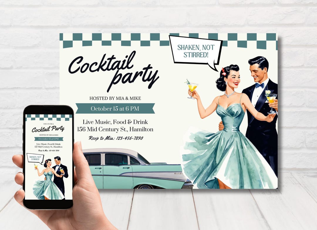 Retro Cocktail Party Invitation - Editable 1950s Style Party Invite - Etsy