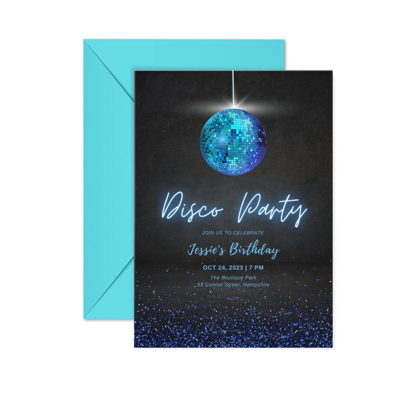 Blue Disco Invitation, Kids Disco Ball Birthday Invite, Printable Disco ...