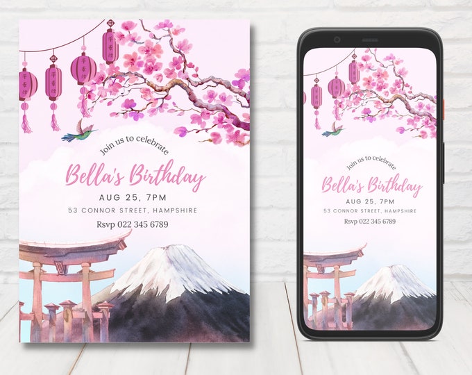 Printable Japanese Invitation Set, Japanese Party Invite, Cherry ...