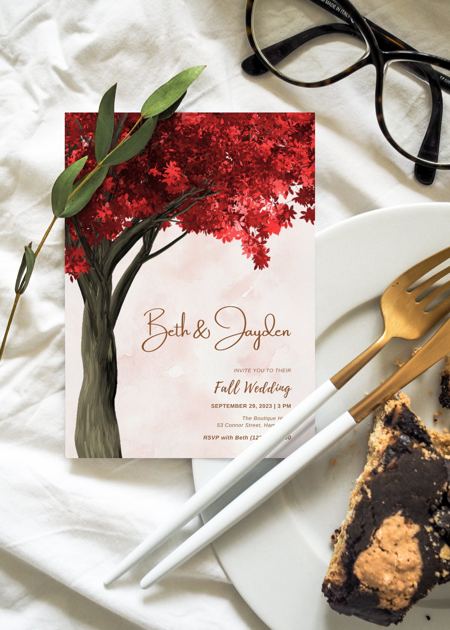 Printable Fall Wedding Invitations, Autumn Wedding Invite, Red Autumn ...