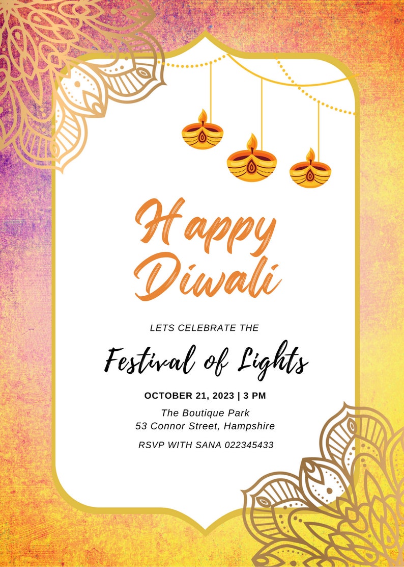 Printable Diwali Invitation, Orange Diwali Celebration Invite, Diwali ...