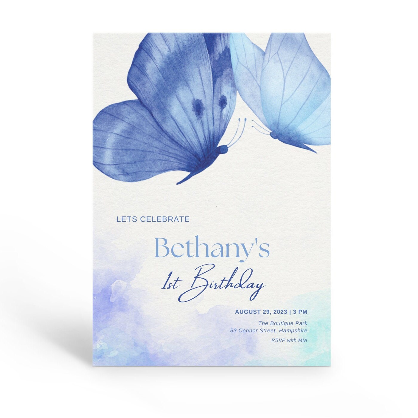 Blue Butterfly Birthday Party Invitation, Printable Butterfly Invite ...