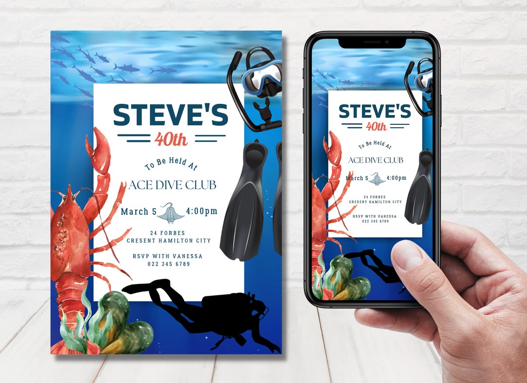 Adult Scuba Diving Invitation, Mens Diving Invite, Crayfish Birthday ...