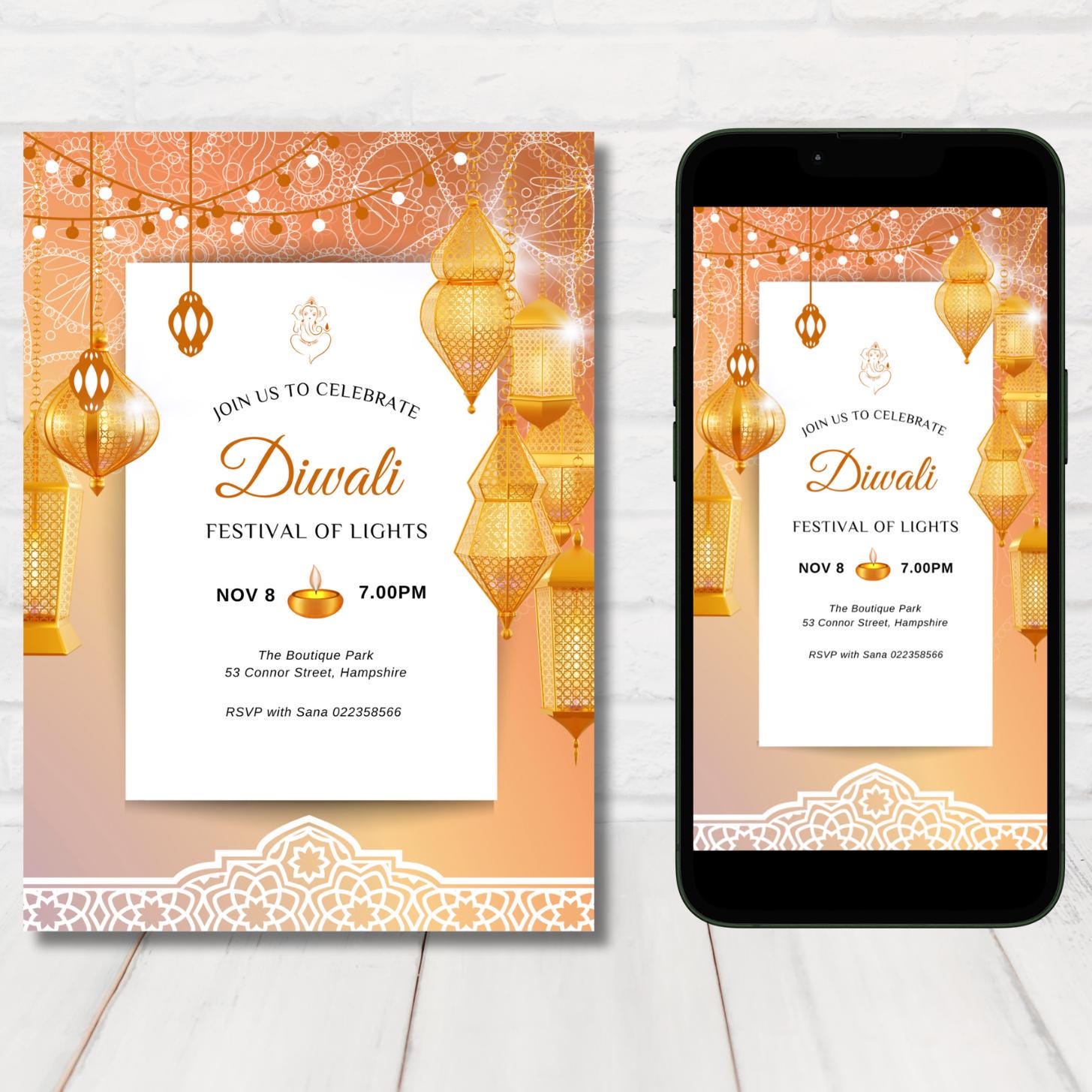 Printable Diwali Invitation Set, Orange Diwali Celebration Invite ...