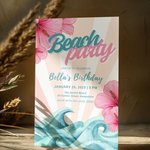Retro Beach Party Invitation, Printable Beach Birthday Invite, Girls ...