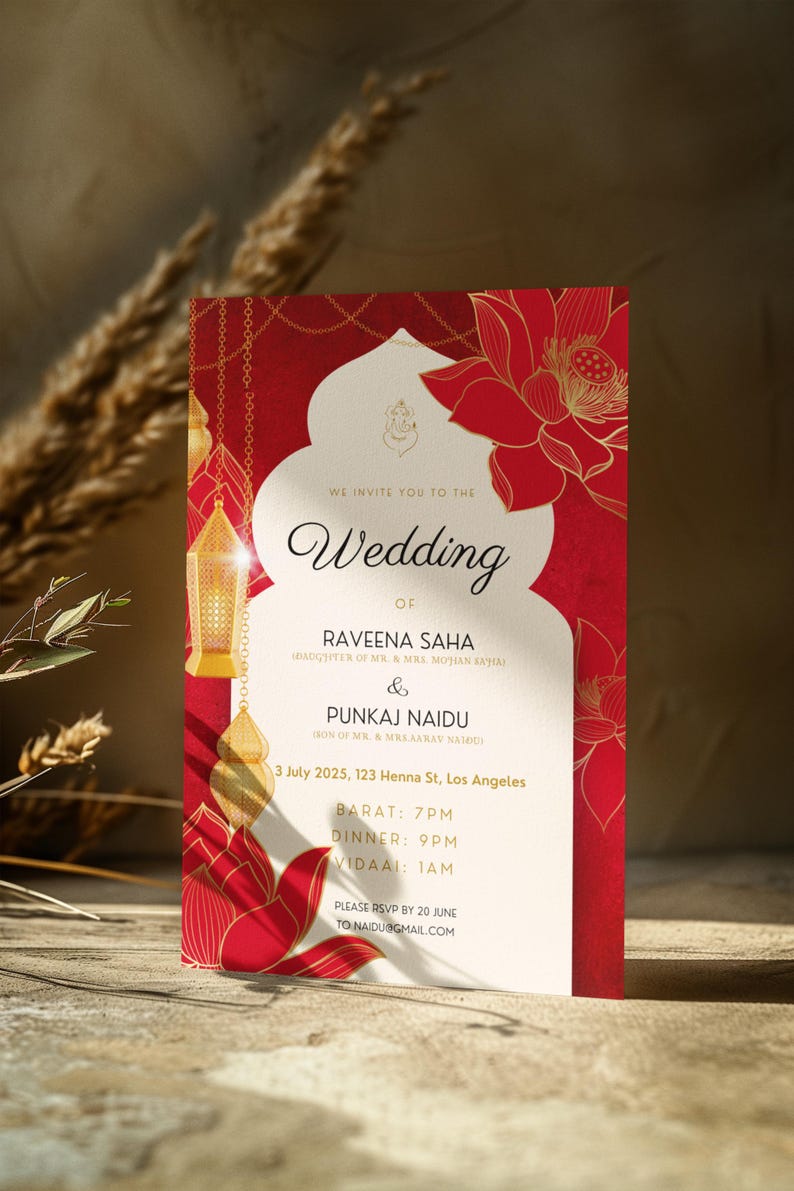 Red and Gold Indian Wedding Invitation Sets, Hindu Wedding Invites ...