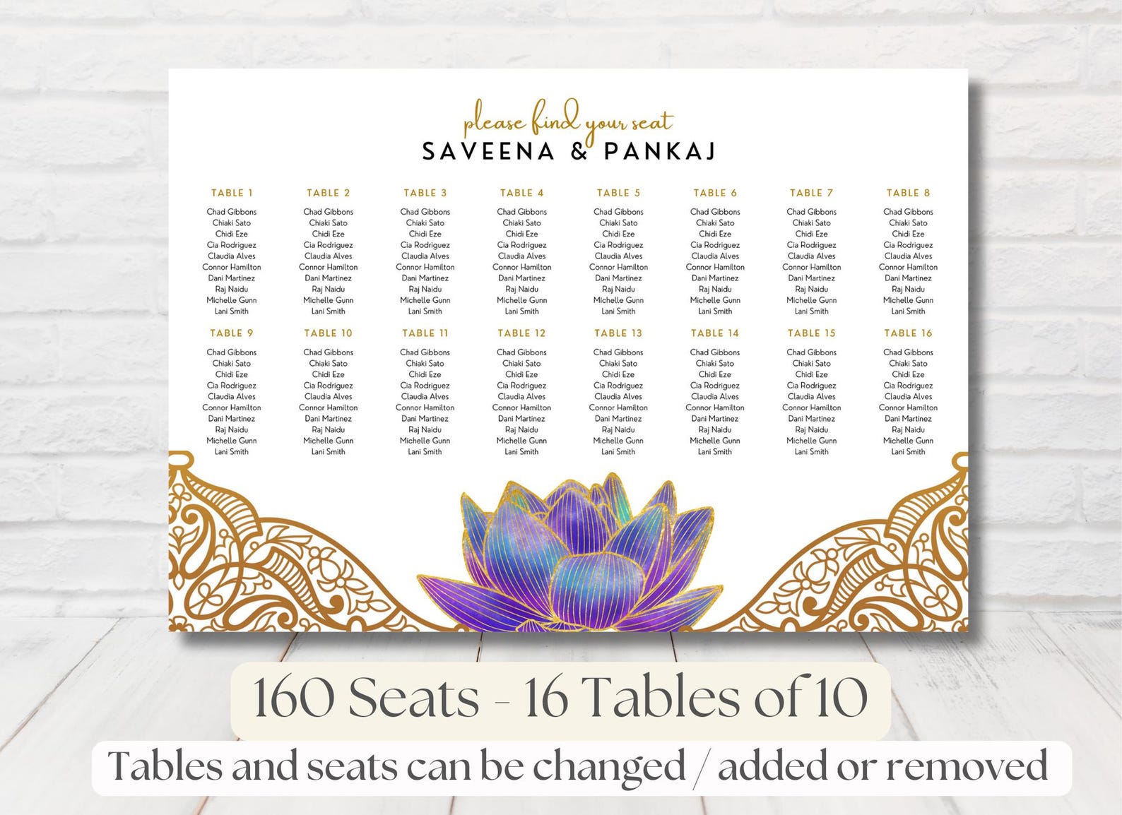 Purple Lotus Indian Wedding Seating Chart, Purple and Gold Hindu ...