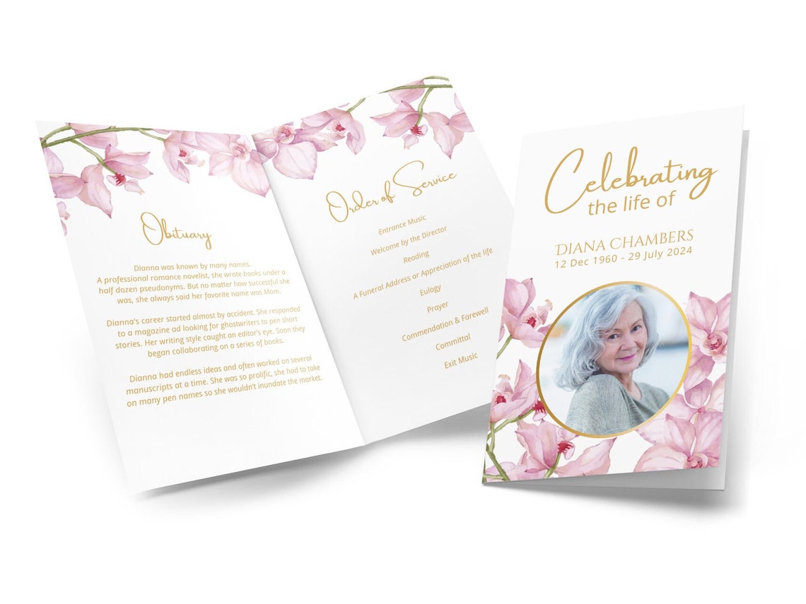 Orchid Funeral Program, Celebration of Life Order of Service, Pink ...